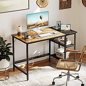 CubiCubi Computer Home Office Desk, 55 Inch Small Desk Study Writing Table with Storage Shelves, Modern Simple PC Desk with Splice Board, Brown Black Finish