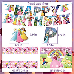 Mario Princess Peach Party Decorations, Mario Princess Peach Birthday Party Supplies Include Banner, Balloons, Hanging Swirls, Backdrops, Cake Toppers, Tablecloth, Mario Princess Peach Party Favors