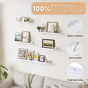 Acovy Floating Shelves for Wall, 36 inch Solid Wood Picture Ledge Shelf, Picture Shelf for Wall with Ledge, Floating Book Shelves for Living Room Bedroom Kitchen Nursery Decor, White, Set of 2