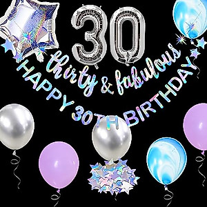Iridescent Thirty & Fabulous Happy 30th Birthday Banner Garland Foil Balloon 30 for Womens 30th Birthday Decorations Hanging 30 and Fabulous Cheers to 30 Years Old Dirty Thirty Party Supplies Backdrop