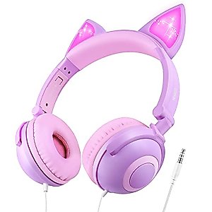 LOBKIN Headphones Kids, Headphones Cat Ears with LED, 85dB Volume Limiter, Foldable, Kids Headphones with Wire for Girls Boys (Purple+Pink)