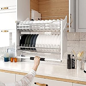 WHIFEA 2 Tier Pull-Out Cabinet Organizer Drop Down Shelf Blind Pull-Down Dish and Spice Rack System Inner Space Saving Plate for Kitchen Appliance Lift Upper Cabinet (for Cabinet Width ≥24'')
