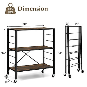 Giantex 3-Tier Folding Bookshelf with Wheels, Industrial Foldable Metal Shelves with Height-Adjustable Shelves, Freestanding Open Shelving Storage, No Assembly Bookcase Display Shelving Rack