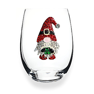 THE QUEENS' JEWELS Gnome Jeweled Stemless Wine Glass, 21 oz. - Unique Gift for Women, Birthday, Cute, Fun, Not Painted, Decorated, Bling, Bedazzled, Rhinestone