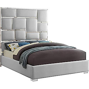 Meridian Furniture Milan Collection Modern | Contemporary Faux Leather Upholstered Bed with Custom Chrome Metal Legs and Geometric Designed Headboard, King, White