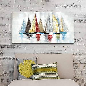 Colorful sailboats Wall Art Painting: Abstract Boats Reflection Artwork Calm Water Canvas Picture for Living Room