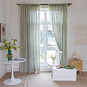RoomTalks Sage Green Boho Farmhouse Curtains for Bedroom Living Room 84 Inch Length French Country Spring Cute Textured Window Curtain Panels Striped Bohemian Chic Tassel Draperies, 84’’L x 52’’W