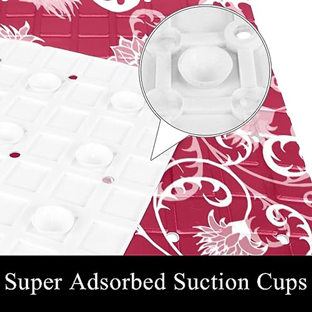 Bath Tub Shower Mat - Anti-Slip PVC Material 15.1x26.8 in, Gentle Cushioning Quick Drying Suction Cups Reliable Solution - Chrysanthemum Pattern - Red Non-Slip Floor Mat