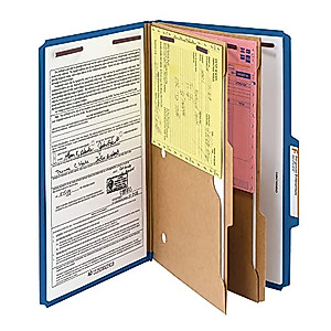 Smead Pressboard Classification File Folder with SafeSHIELD Fasteners, 2 Pocket Dividers, 2" Expansion, Legal Size, Dark Blue, 10 per Box (19077)