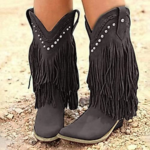Cowgirl Booties for Women Boots Heel Retro Chunky Tassel Mid-Calf Fringe Casual White Rave Boots Chunky Block Heel Square-Toe Slip on Platform Knee High Boots