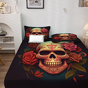 Sugar Skull Sheets Twin Size - Mexican Day of the Dead Bed Sheets, Soft Microfiber & Deep Pocket & Wrinkle Free Patterned Bedding Sheets & Pillowcases, 1 Fitted Sheet, 1 Flat Sheet, 1 Pillow Case
