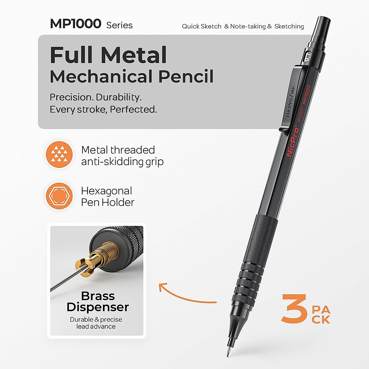 Nicpro 0.7 mm Mechanical Pencils Set with Case, 3 Metal Artist Pencil With 6 Tube HB Lead Refills, 3 Erasers, 9 Eraser Refills For Architect Art Writing Drafting Drawing, Engineering, Sketching, Black