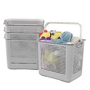Easymanie 4 Pack 35 L Plastic Laundry Basket Clothes Hamper with Handle, Gray, F