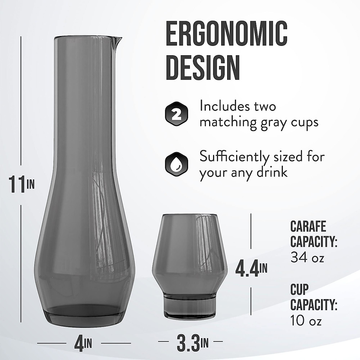 American Atelier 3 Piece Water Set; Carafe and 2 Tumblers; Water Jug; Easy Pour Spout for No Mess Use in Office, Kitchen; 34 oz Pitcher with a 10 oz Tumbler, 4”x 11”H; Gray
