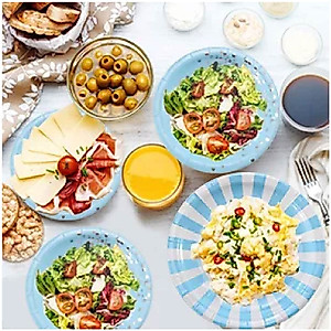 Blue Striped Birthday Party Supplies, Baby Shower Dinnerware Set, Paper Plates, Napkins, Cups and Wooden Cutlery (Serves 24, 192 Pieces), MP03