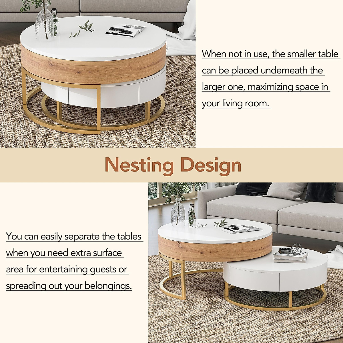 Modern Lift-top Coffee Table for Living Room, Set of 2 Round Nesting Coffee Table, Center Table with 2 Drawers, Suitable for Living Room and Office (Oak Natural Wood + Antique White)