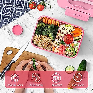 Lunch Box Kids, Bento Box, 1350ML Bento Lunch Box for Kids, Lunch Containers with 5 Compartments Utensils Food Picks Cake Cups, Leak-proof Bento Box Adult Lunch Box for Boys Girls Toddler, Pink
