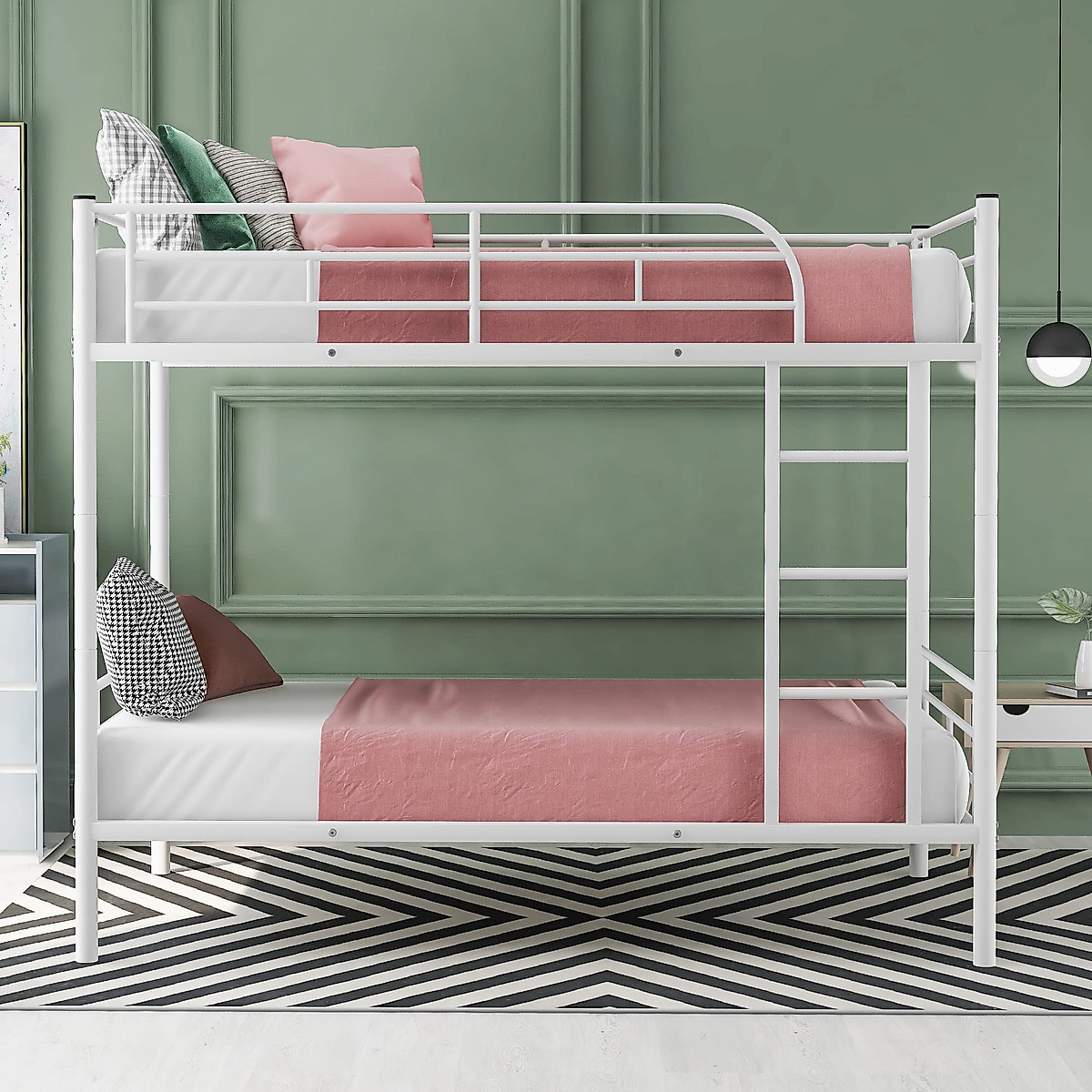 Bunk Bed,Twin Over Twin Metal Bunk Bed,Metal Bunk Bed Twin with 2 Ladder and Safety Rail,Space Saving,for Kids Boys Girls Teens Adults(White)