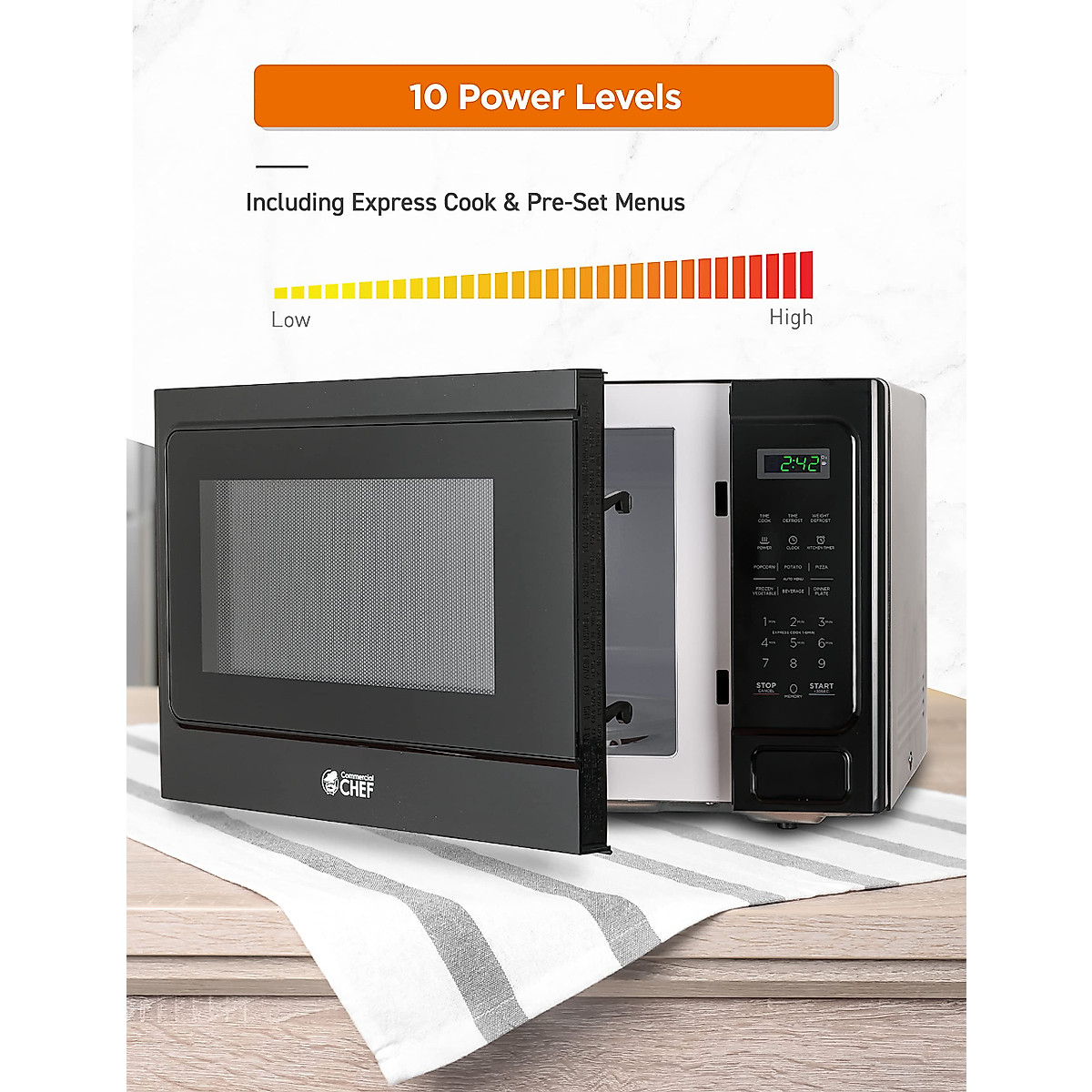 COMMERCIAL CHEF Microwave 1.3 Cu Ft with 10 Power Levels, Microwave with Push Button Door Lock, 1000W Countertop Microwave with Timer and Digital Controls, Black