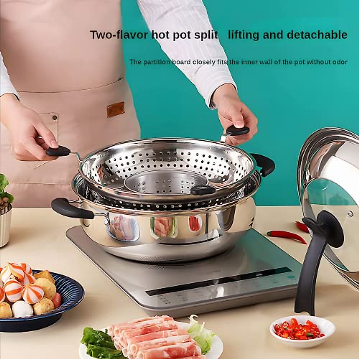 TJHamaipi Stainless Steel Rotary Lift Hot Pot, Shabu Pot, Boil Pot, Suitable for 2-6 People, 7QT Capacity, Iindependent Filter, Thickened Steel, Suitable For Gas Induction Cooker