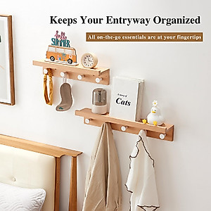 Sikflmi Wall Hooks with Shelf 24inch, Beech Wood Entryway Wall Hanging Shelf with 5 Hooks, Floating Shelf with Hooks Coat Rack for Bathroom, Living Room, Bedroom (24inch)