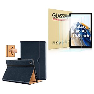 DTTO for Samsung Galaxy Tab A8 10.5 inch Case 2022, Premium Leather Business Folio Stand Cover with 3 Pack HD Tempered Glass Screen Protector for Galaxy Tab A8 10.5" [SM-X200/X205/X207], Blue