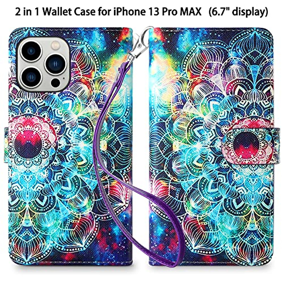 Vofolen 2-in-1 Case for iPhone 13 Pro Max 5G Wallet Card Holder 9-Slot for Women Girl Detachable Strap Hybrid Protective Slim Hard Shell Magnetic PU Leather Folio Pocket Flip Case Mandala Purple