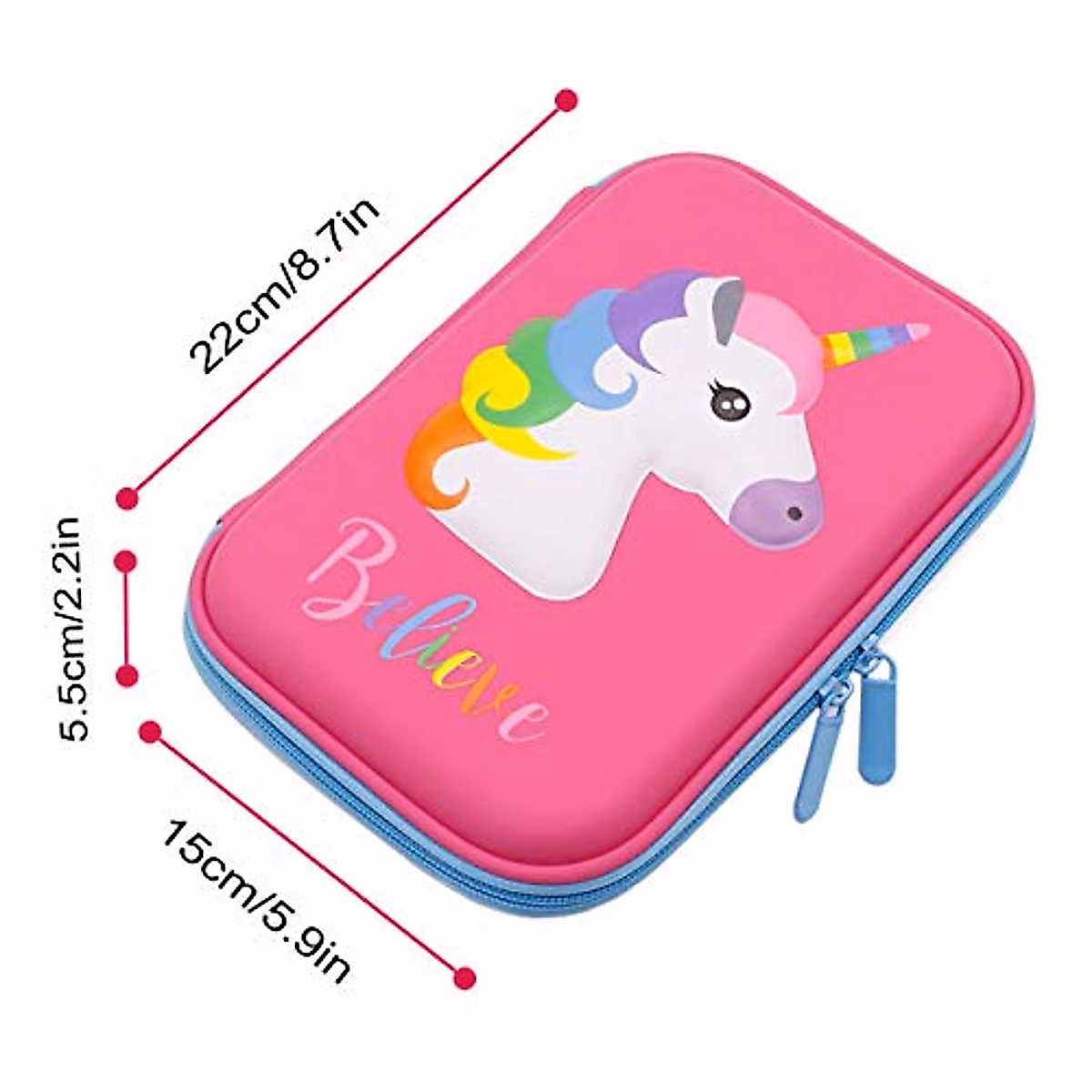 Pencil Case for Girls, 3D Cute EVA Unicorn Pen Pouch Stationery Box Anti-Shock Large Capacity Multi-Compartment for School with 4 unicorn pens