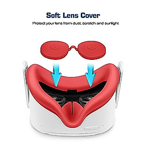 FINPAC Protective Cover Sleeve for Quest 2 Gaming VR Headset, Silicone Sweatproof Face Cover + Lens Cap + Touch Controller Grip Cover Bundle for Virtual Reality Accessories (Red)