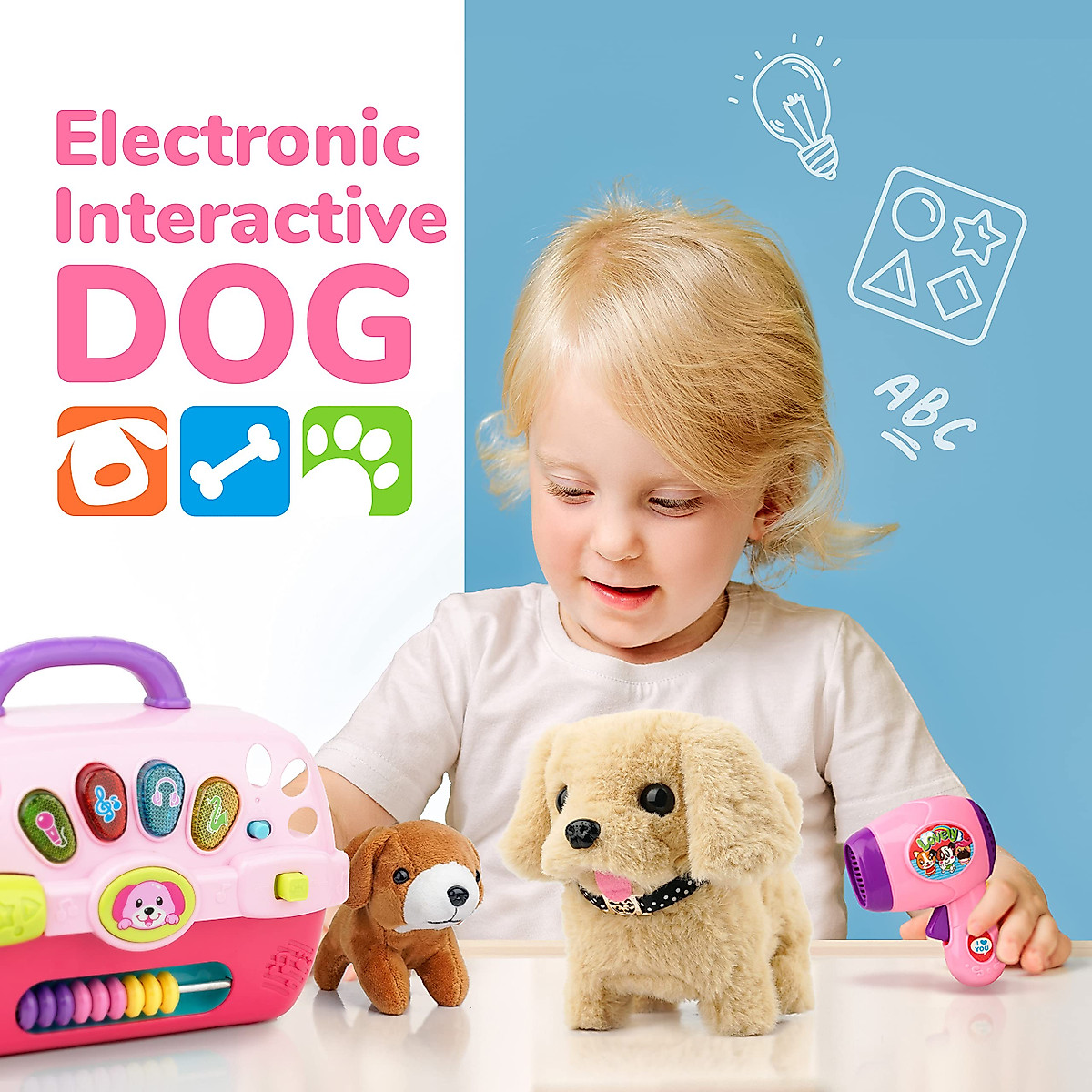 BELLOCHIDDO Dog Toys for Kids, Pretend Play Puppy Dog Toy for Kids with Interactive Electric Dog, 7 Piece Pet Care Playset with Carrier, Educational Toys for 1 2 3 4 5 6 Old Girls