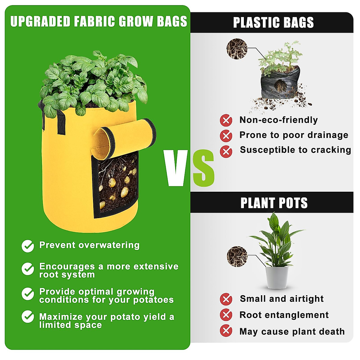 HYH 6 Pack 10 Gallon Potato Grow Bags with Flap Colorful Plant Grow Bags for Growing Potatoes Heavy Duty Thickened Nonwoven Fabric Grow Bags Pots Gardening Vegetable Growing Bags with Durable Handles