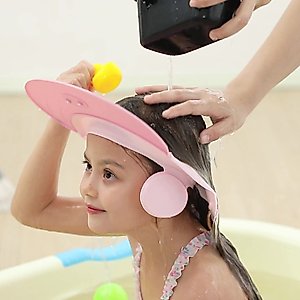 Baby shower cap shampoo visor shield hat kids bath Washing Hair rinser Prevents Water from Pooling in Face for To protect the eyes and ears of toddlers and children (Pink)