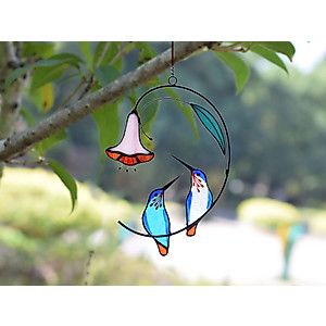 Lolitarcrafts Hummingbird with Flower Stained Glass Suncatcher Bird Stained Glass Window Hangings Hummingbird Gift for Home Decor (Blue 1 Pair)