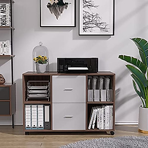 WILLIAMSPACE File Cabinet for Home Office，Filling Cabinets with 2 Drawer & 4 Open Shelves, Printer Stand with Storage Cabinet, Lateral Filling Cabinets on Wheels/Scanner (2 Drawer,Walnut + Grey)