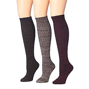 Tipi Toe Women's 3 Pairs Ragg Marled Ribbed Tonal Harmony Maroon Grey Interplay Mid-Calf High Wool-Blend Boot Socks 3-pairs, WK02-F-T1