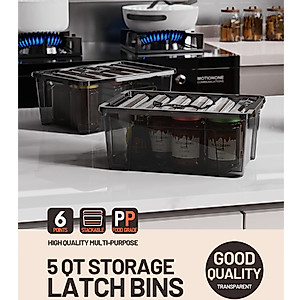 WYT 5-Quart Small Plastic Storage Container Bin with Secure Lids and Latch Buckles, Black Clear Durable Stackable Nestable Organizin, 6-Pack