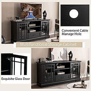 Tangkula Farmhouse TV Stand for TV up to 70 Inch, Tall Media Console Table w/2 Glass Doors, Entertainment Center w/Cubbies & Drawer, Storage Cabinet or Sideboard Buffet for Living Room (Black)