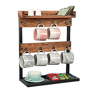X-cosrack Countertop Coffee Mug Holder Rack 2 Tier Wall Mount Coffee Cup Holder Stand with 8 Hooks and Storage Shelf,Display Organizer Rack for Home Kitchen, Rustic Brown