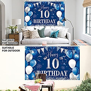 10th Birthday Banner Backdrop,BTZO Happy 10th Birthday Decorations,Blue Silver Fabric Photo Backdrop Background for Boys and Girls 10th Birthday Party,70.8 x 43.3Inch