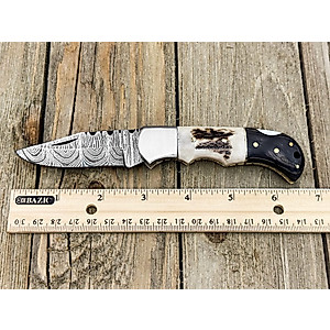 WINTERFELL Damascus Steel Folding Pocket Knife for Men with Leather Sheath, 100% Handmade Gifts for Husband, Dad, Boyfriend, Damascus Steel Groomsman Gift Knives