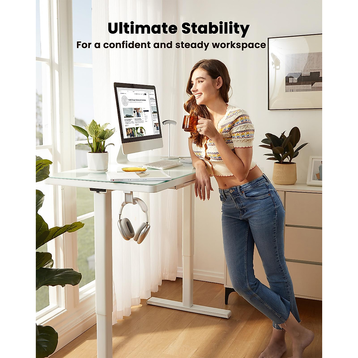 ErGear Dual Motor Electric Standing Desk with Drawers,48x24 Inch Whole-Piece Glass Desktop Quick Install,Height Adjustable Stand up Sit Stand Home Office Ergonomic Workstation with USB Charging Ports