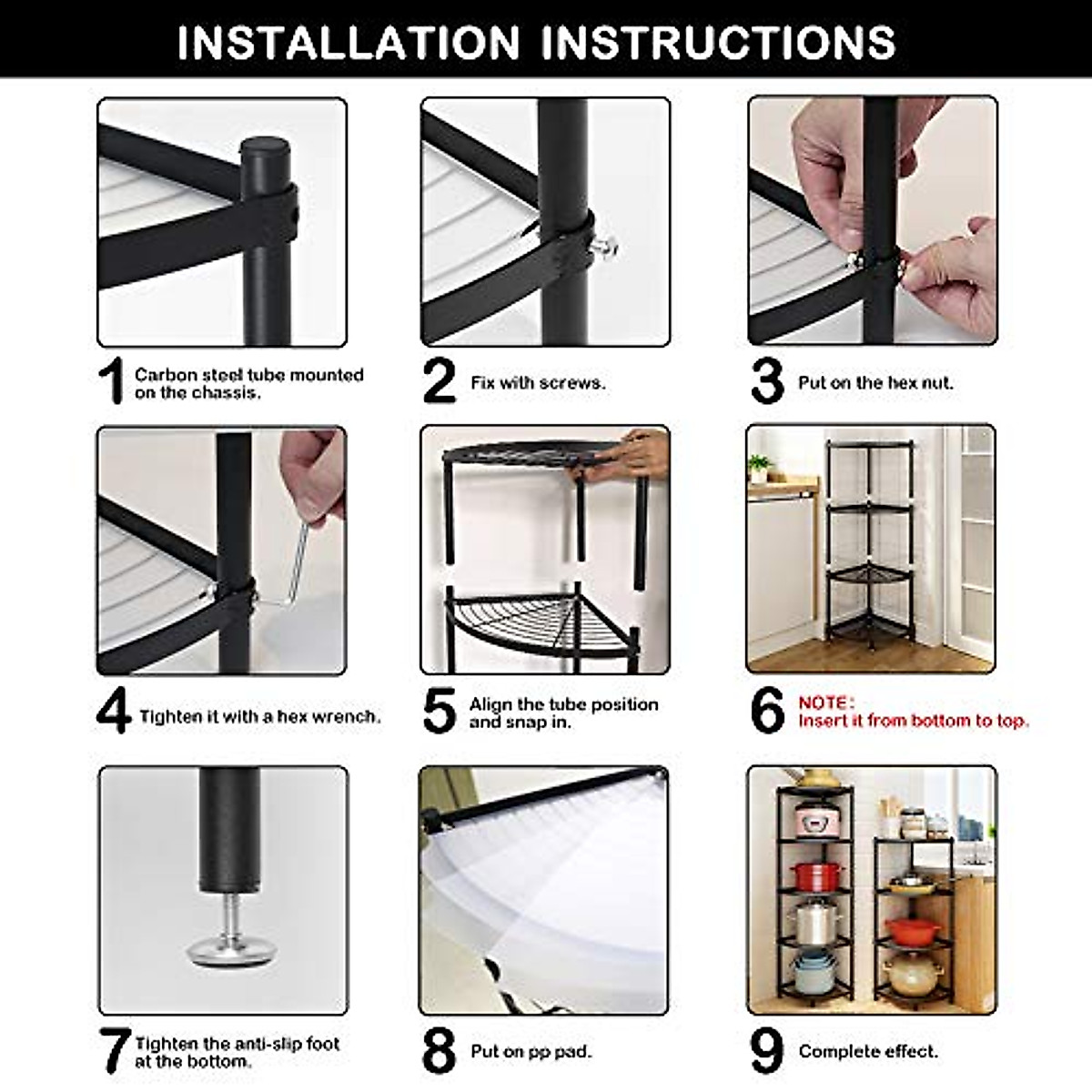 Winterworm 5-Tier Metal Corner Shelf,Black Carbon Steel Kitchen Corner Shelf Pot Storage Rack for Home Office Kitchen Organizer