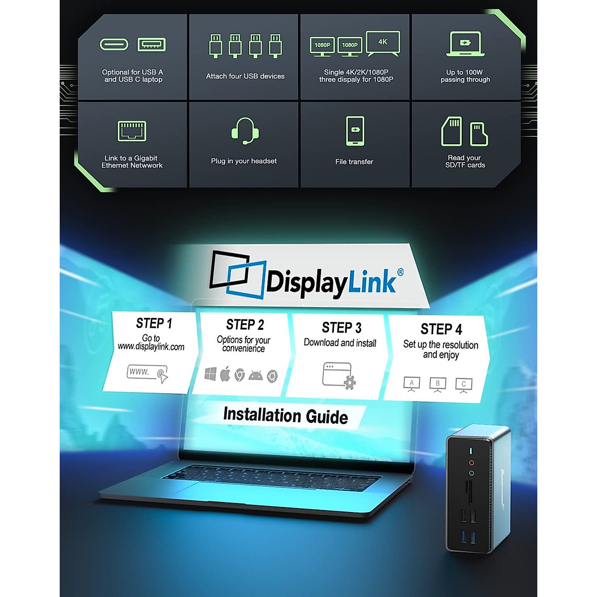 Hiearcool 7IN1 USB C Hub and 14IN1 Docking Station, USB C to HDMI Multi-Port Adapter Universal USB C/A Laptop Dock