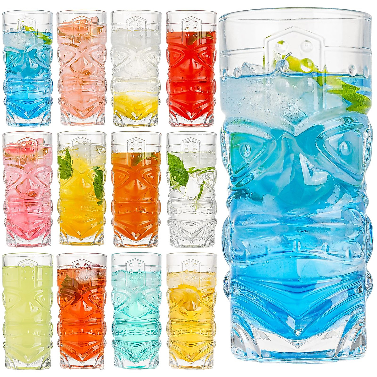Claplante Tiki Glasses Set of 12, 14 oz Modern Bar Tiki Cup, Highball Drinking glasses, Exotic Zombie Cocktails Glasses, Tiki Mug for Tropical Island Drinks Tiki Bar Professional Hawaiian Party