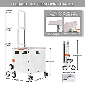 Foldable Utility Cart with Stair Climbing Wheels,Collapsible Rolling Crate with Magnetic Lid Telescopic Cover,Telescoping Handle,360° Rotate Wheel Hand Cart for Teacher Shopping Moving(Milky White)