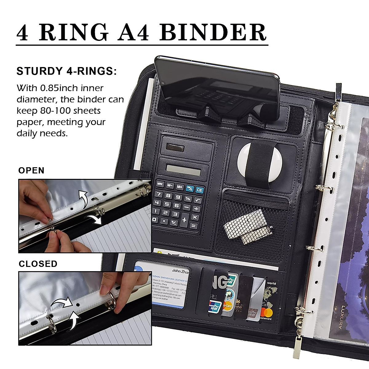 A4 Leather Portfolio Padfolio Refillable 4-Ring Binder with Zipper,Professional Business Document Organizer for Man Women with Magnetic Carrying Handle (Grey)