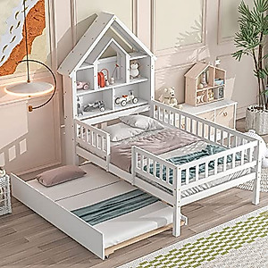 FIQHOME Twin Size Platform Bed for Kids, Twin Size Kids Bed Frame with House-Shaped Headboard, Wooden Twin Bed with Trundle and Fence Guardrails,Solid Wood House Bed for Girls Boys,White