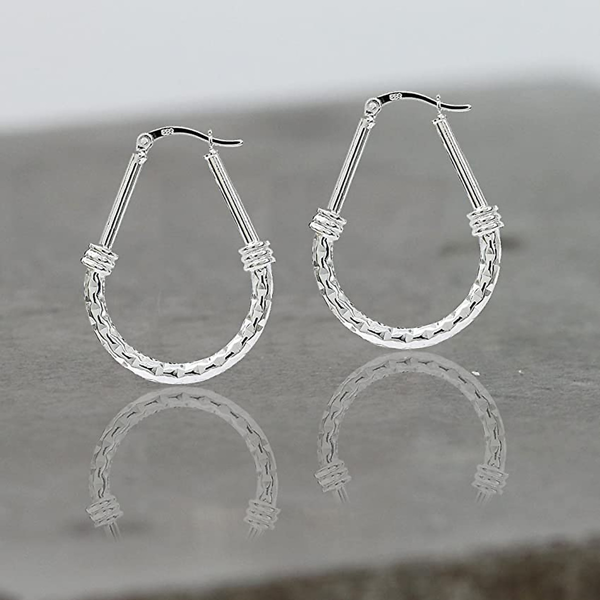 LeCalla Sterling Silver Earring Hoops For Women - 925 Silver Hoop Earrings | Women's Oval Hoops Earring 35mm | Classic Diamond-Cut Italian Silver Jewelry