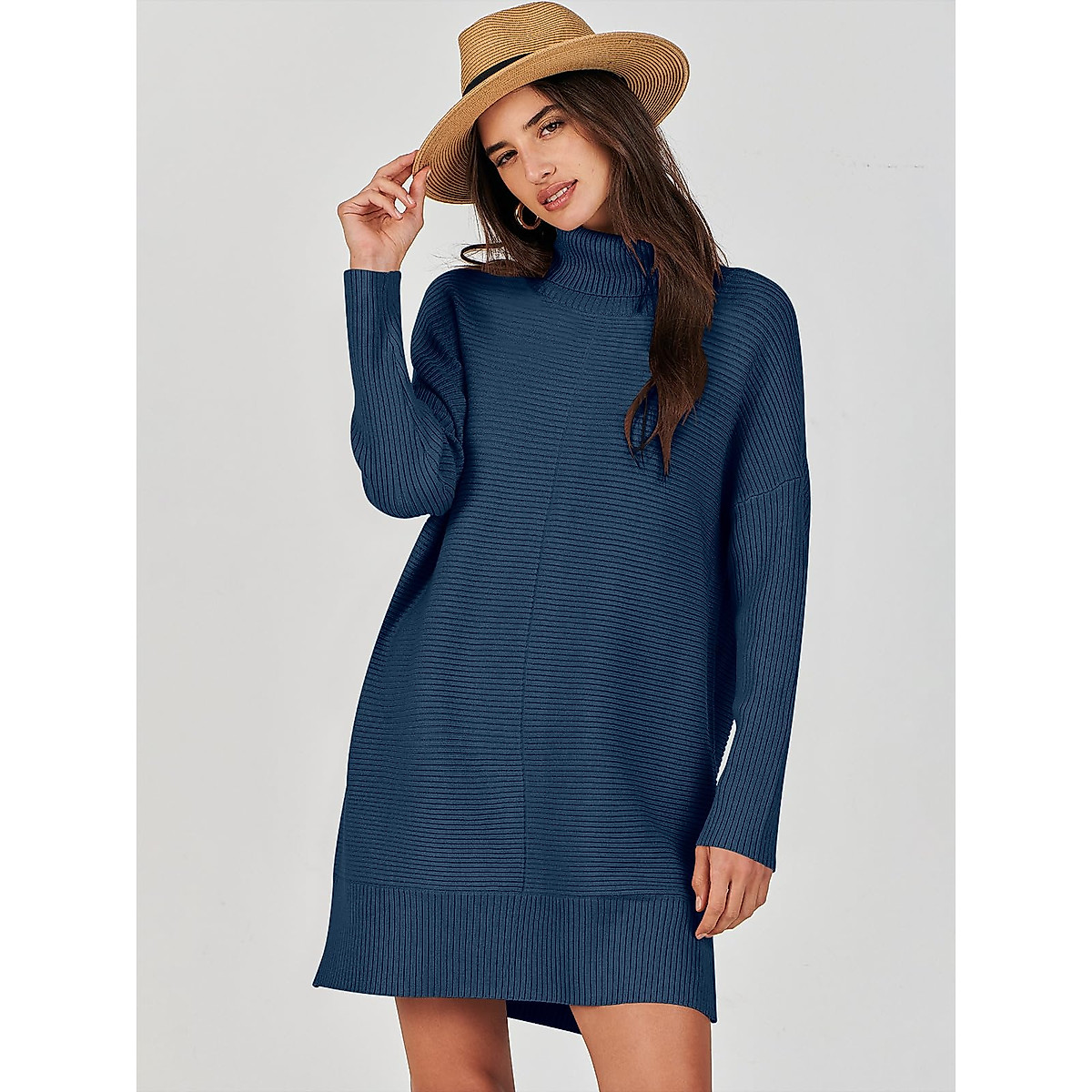 ANRABESS Women's Oversized Turtleneck Sweater Dress Pullover Batwing Sleeve Split Hem Tunics Fall Casual Short Dresses Dark Blue