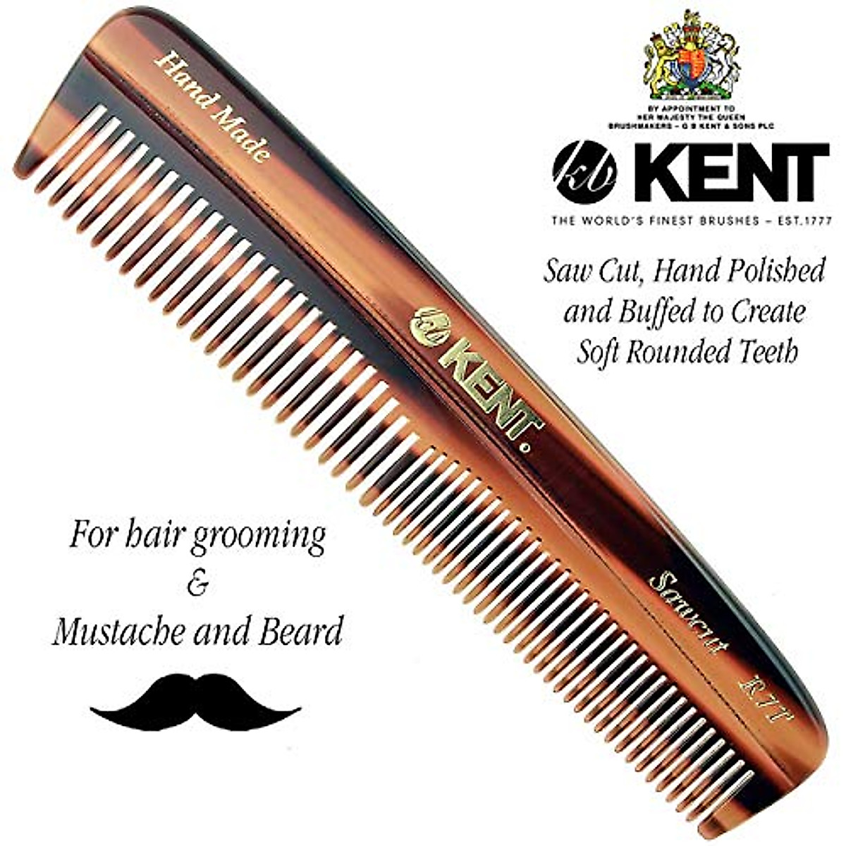 Kent R7T Small Fine/Wide Tooth Comb, Double Tooth Hair Pocket Comb for Hair, Beard and Mustache, Coarse/Fine Hair Grooming Comb for Men, Women and Kids. Saw Cut Hand Polished. Handmade in England